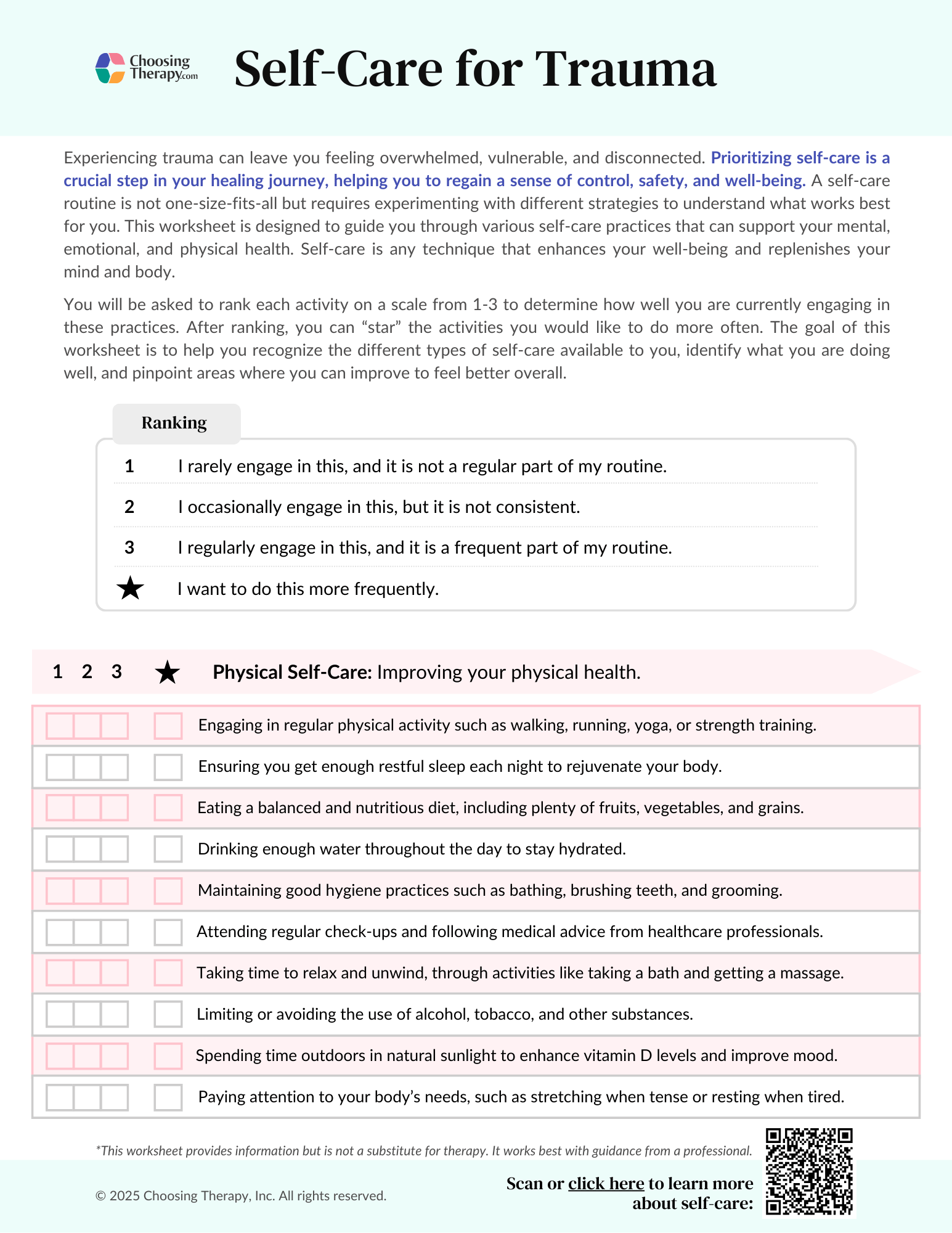 Free Self-Care for Trauma Worksheet (Printable PDF) | ChoosingTherapy.com