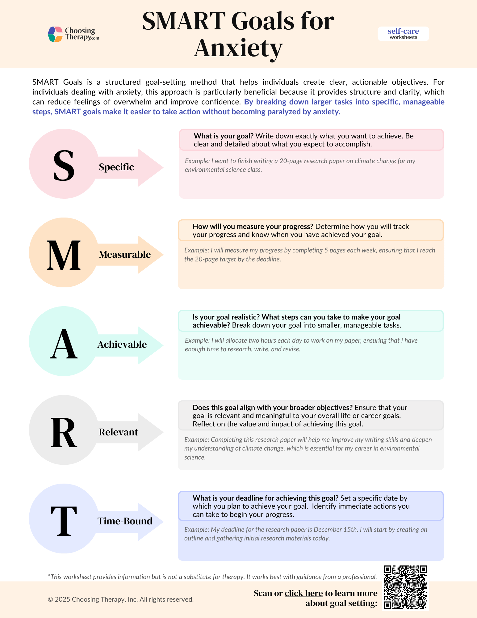 Free SMART Goals for Anxiety Worksheet (PDF Download) | ChoosingTherapy.com