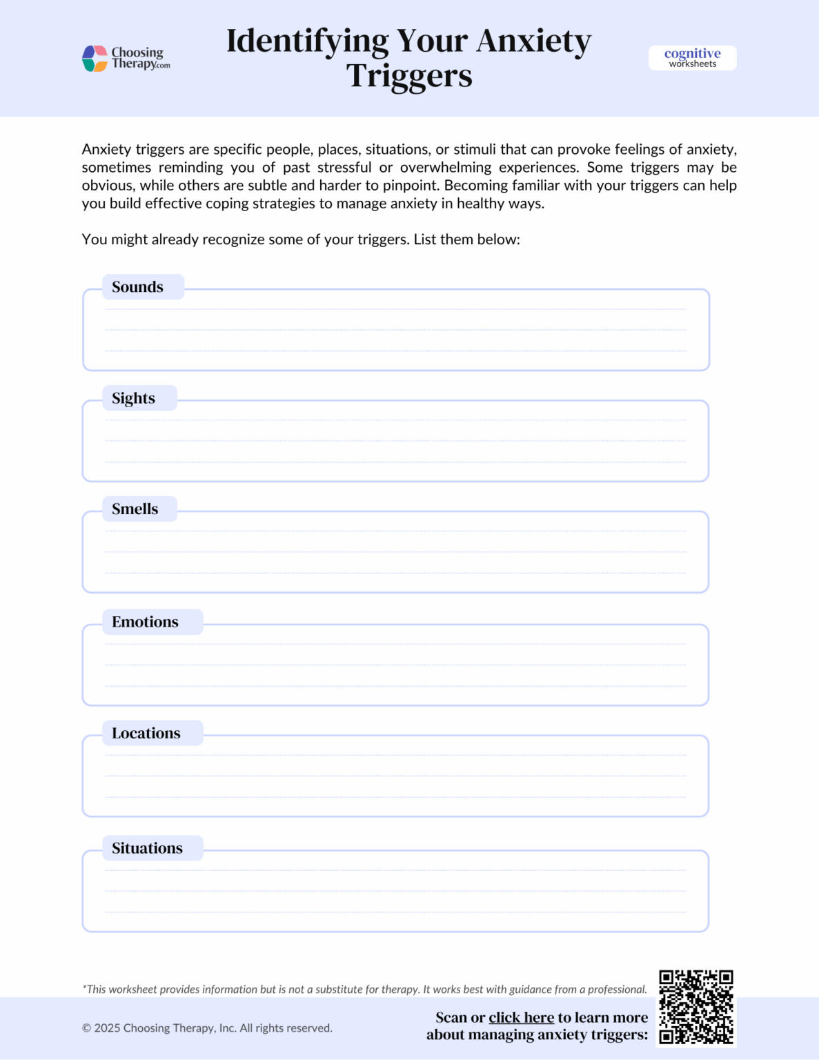Free Anxiety Triggers Worksheet (PDF Download) | ChoosingTherapy.com