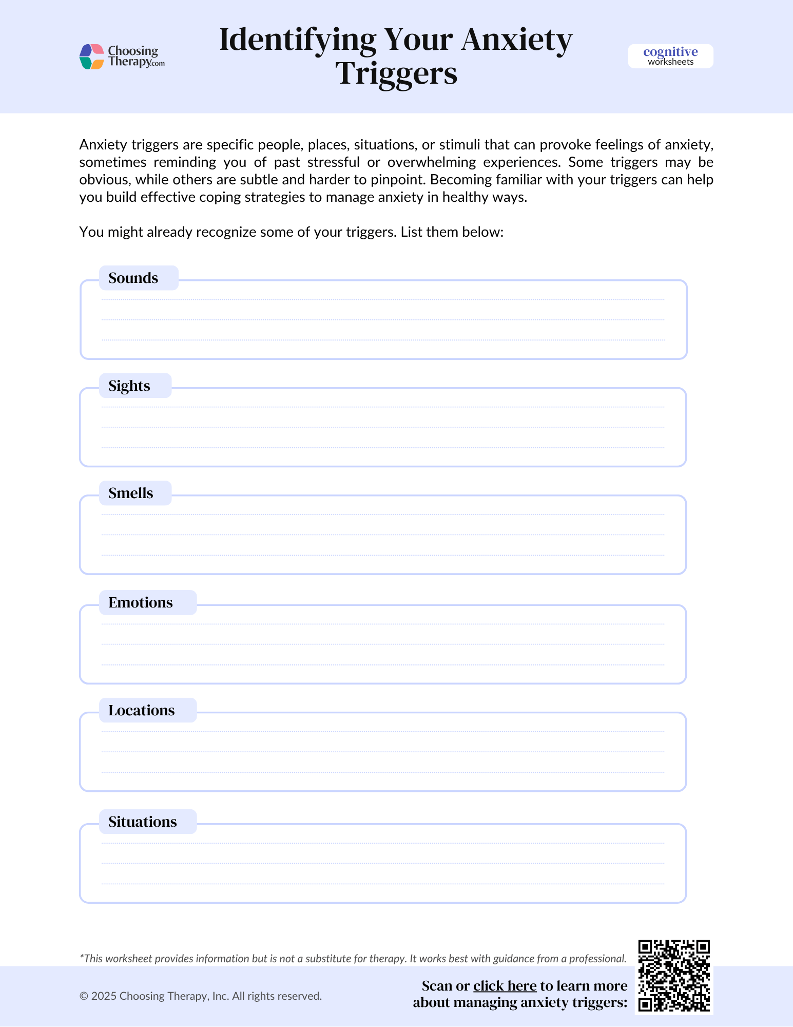 Free Anxiety Triggers Worksheet (PDF Download) | ChoosingTherapy.com