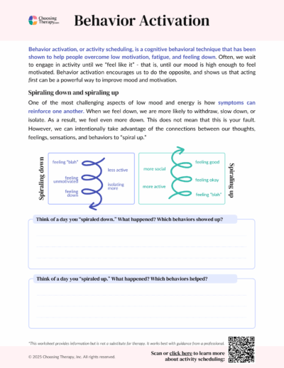 Free Behavioral Activation Worksheet (Printable PDF) | ChoosingTherapy.com