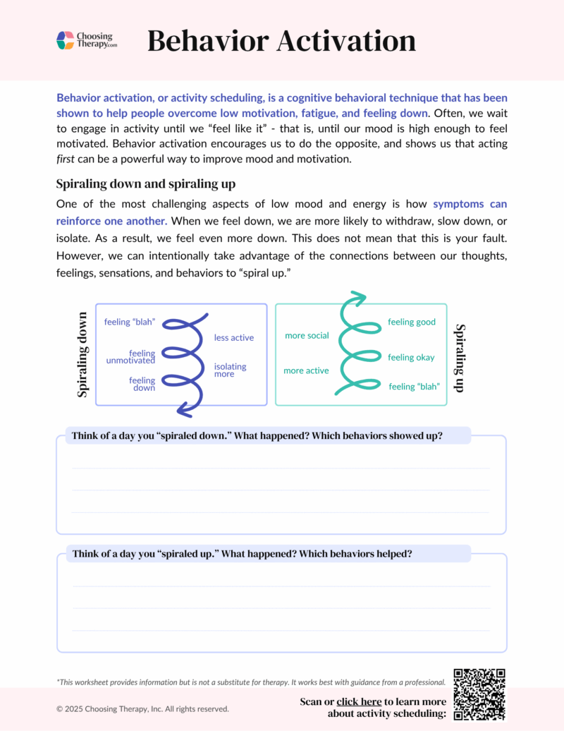 Free Behavioral Activation Worksheet (Printable PDF) | ChoosingTherapy.com