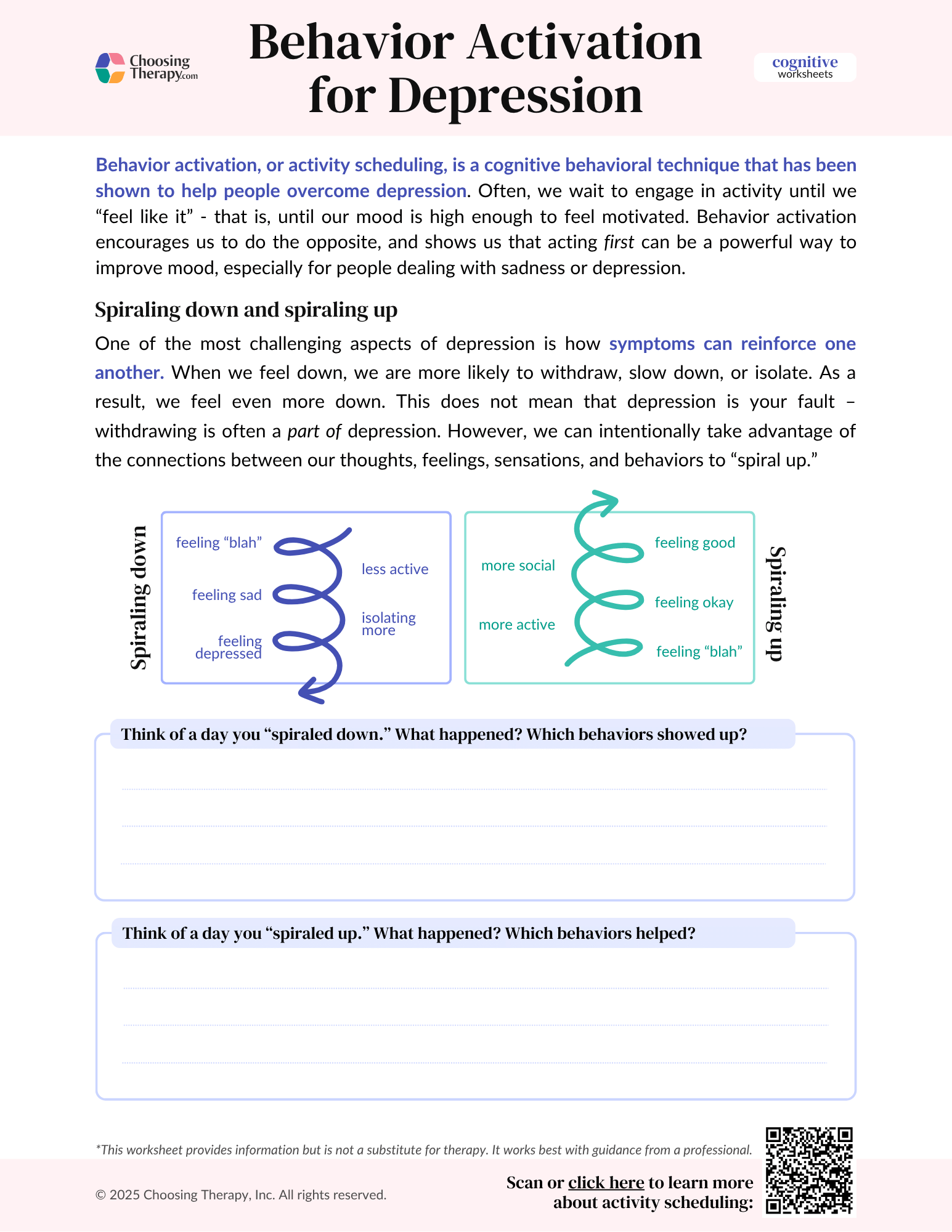 Free Behavioral Activation for Depression Worksheet (PDF Download ...