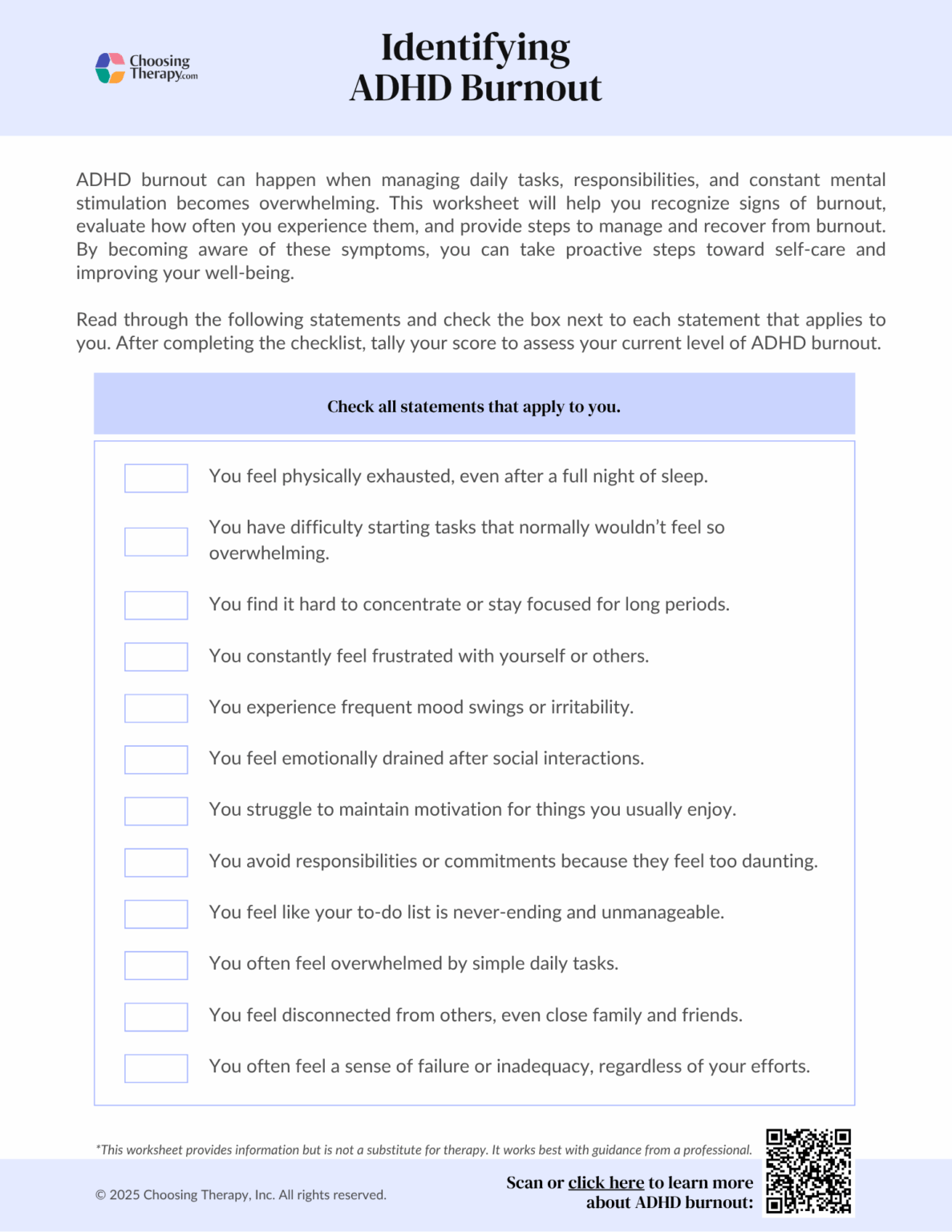 Free ADHD Worksheets (Printable PDF Downloads) | ChoosingTherapy.com