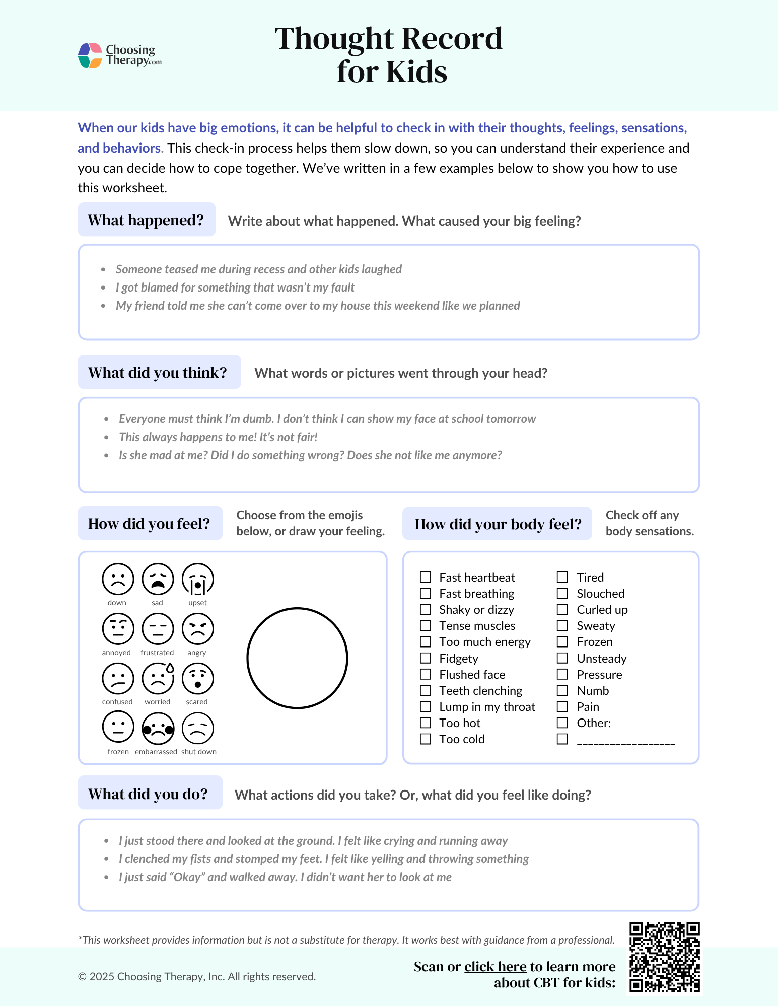Free CBT Thought Record for Kids (PDF Download) | ChoosingTherapy.com