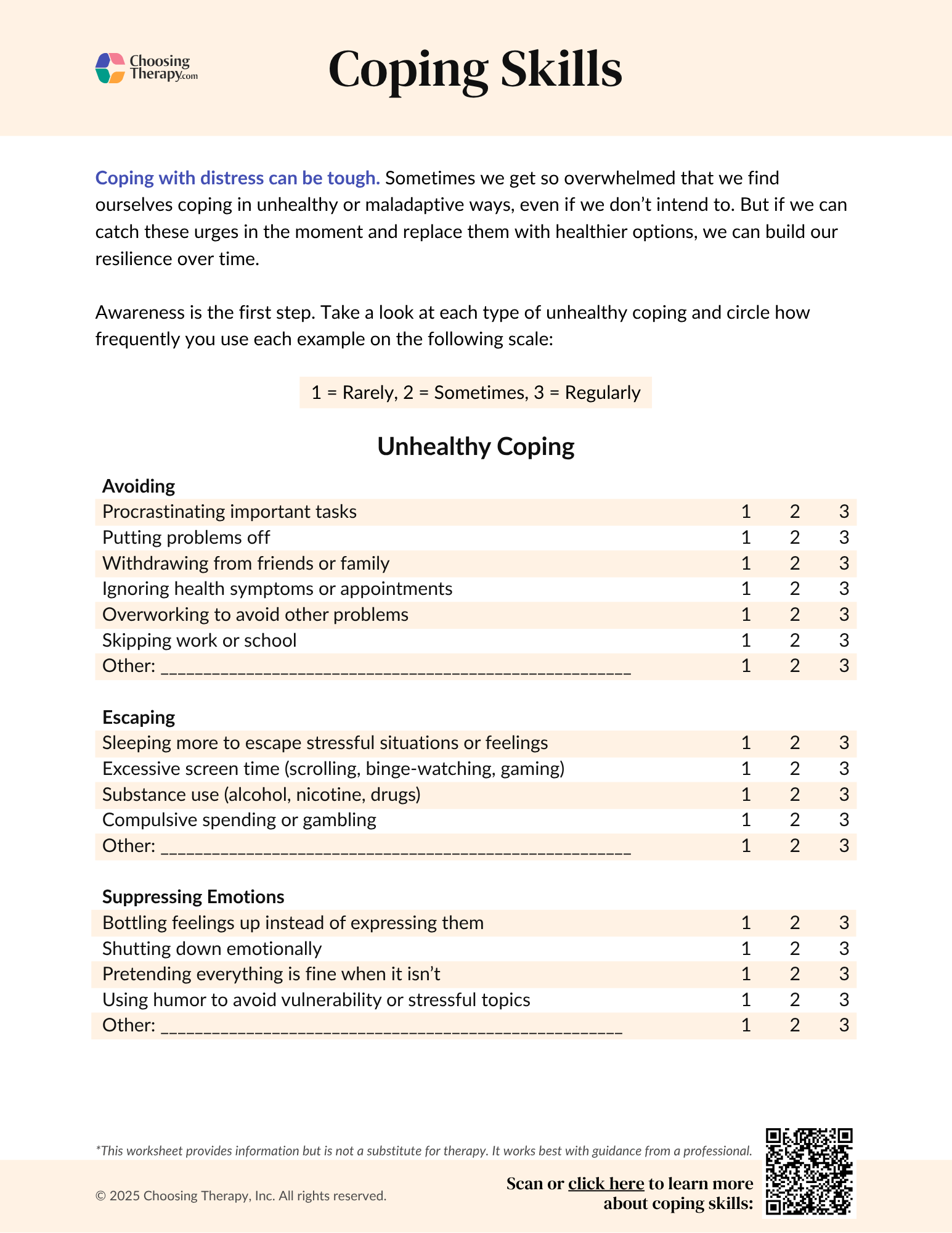 Free Coping Skills Worksheet (Printable PDF) | ChoosingTherapy.com
