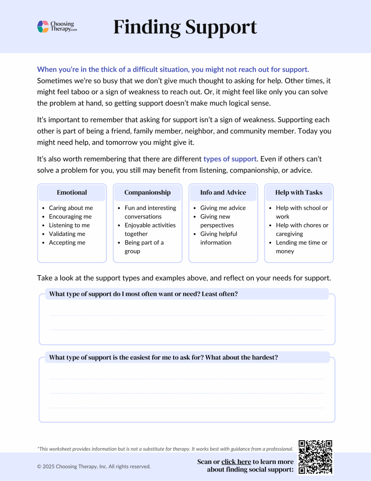 Free Support System Worksheet (Printable PDF) | ChoosingTherapy.com