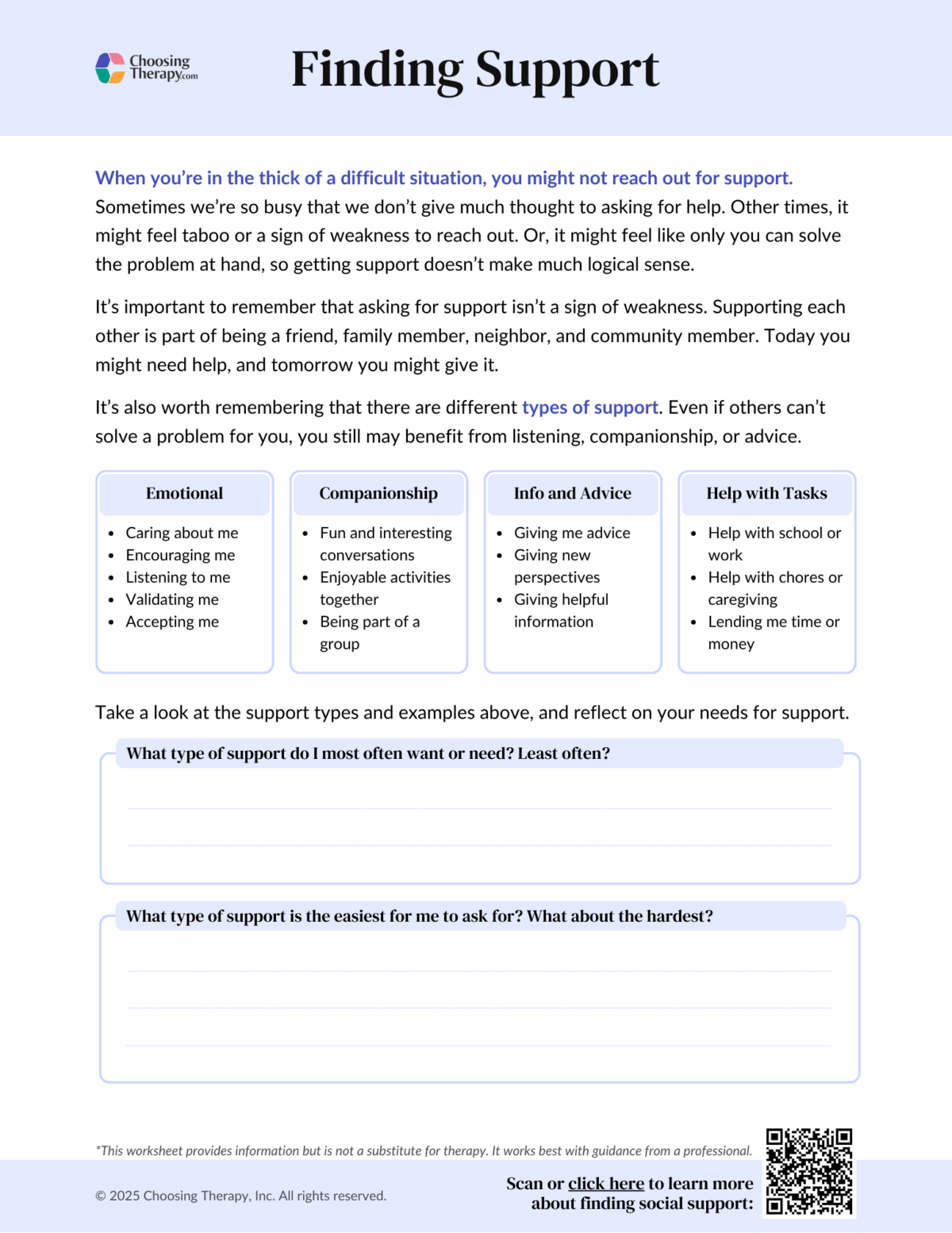 Free Support System Worksheet (Printable PDF) | ChoosingTherapy.com