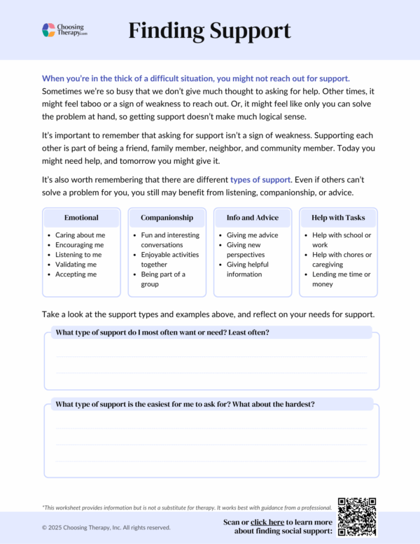 Free Support System Worksheet (Printable PDF) | ChoosingTherapy.com