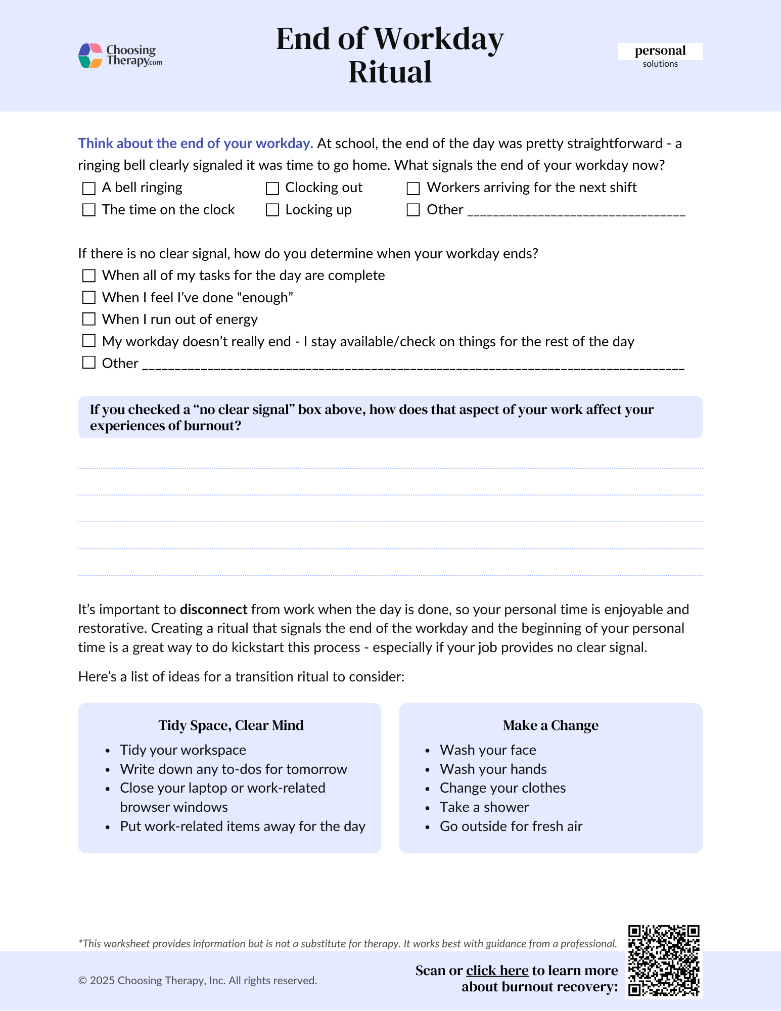 Free End of Workday Ritual Worksheet (Printable PDF) | ChoosingTherapy.com