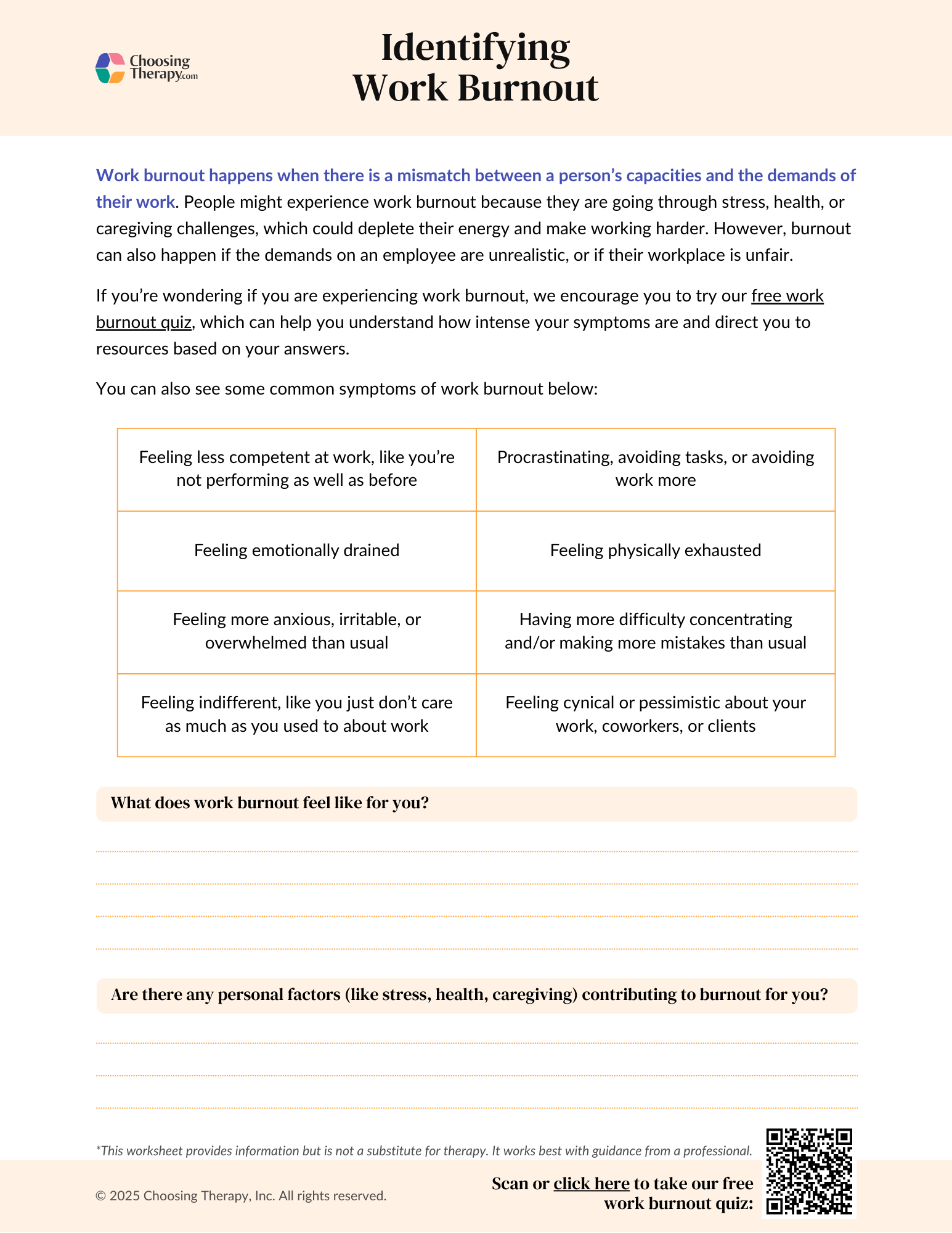 Free Identifying Work Burnout Worksheet | ChoosingTherapy.com