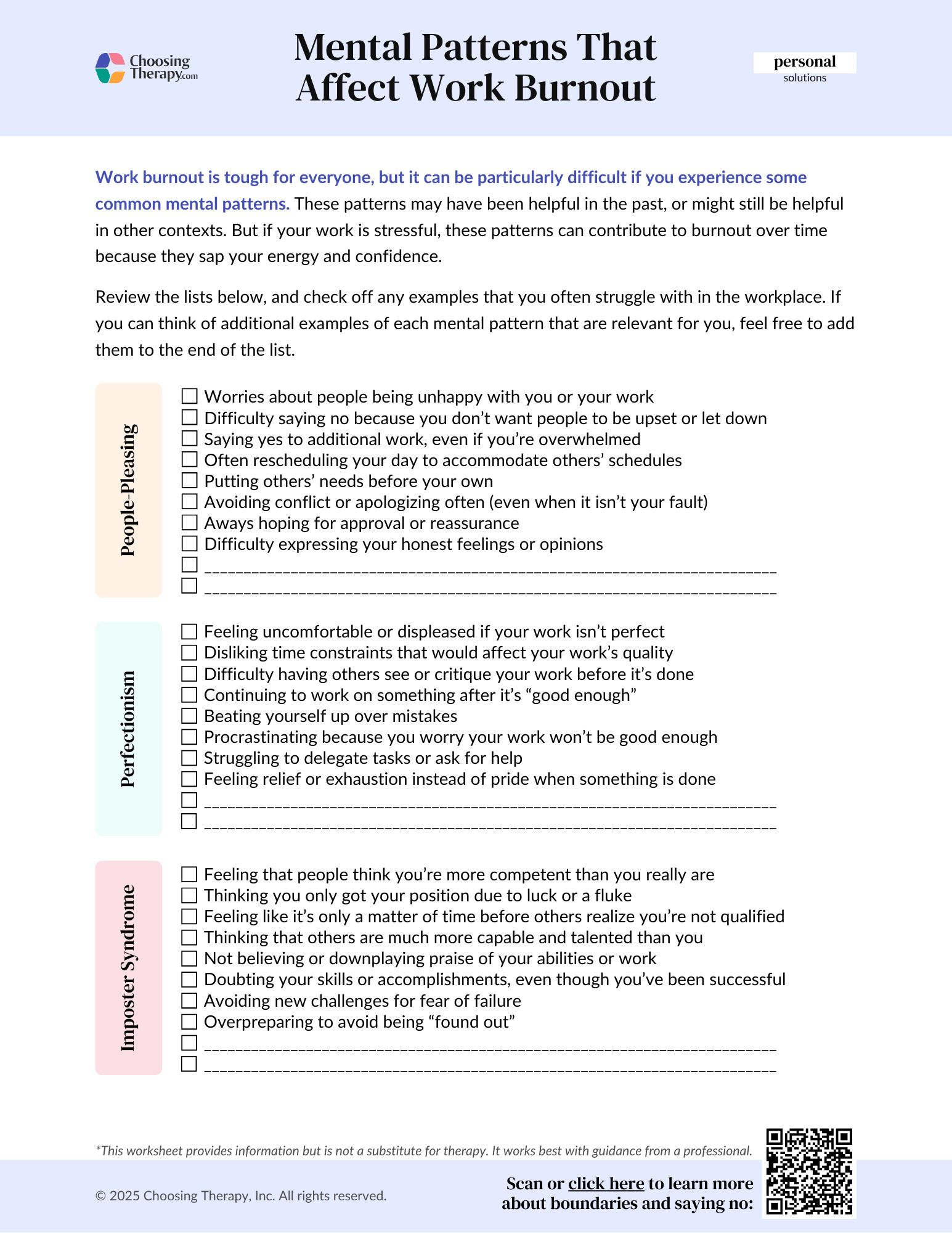 Mental Health Patterns That Affect Work Burnout Worksheet ...