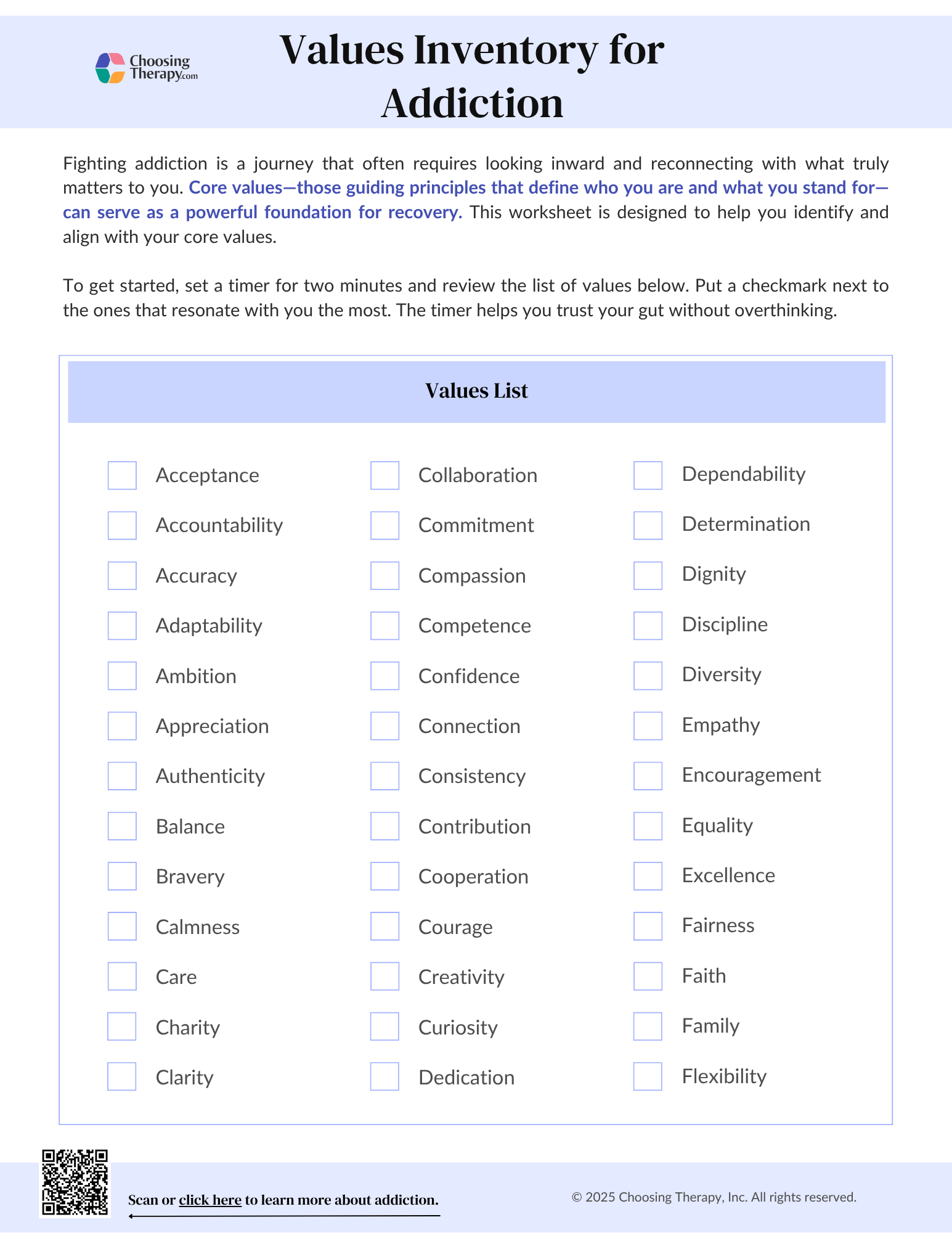Free Values Inventory for Addiction Worksheet | ChoosingTherapy.com
