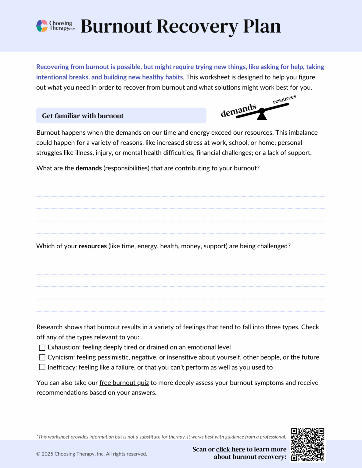 Free Burnout Worksheets (Printable PDFs) | ChoosingTherapy.com