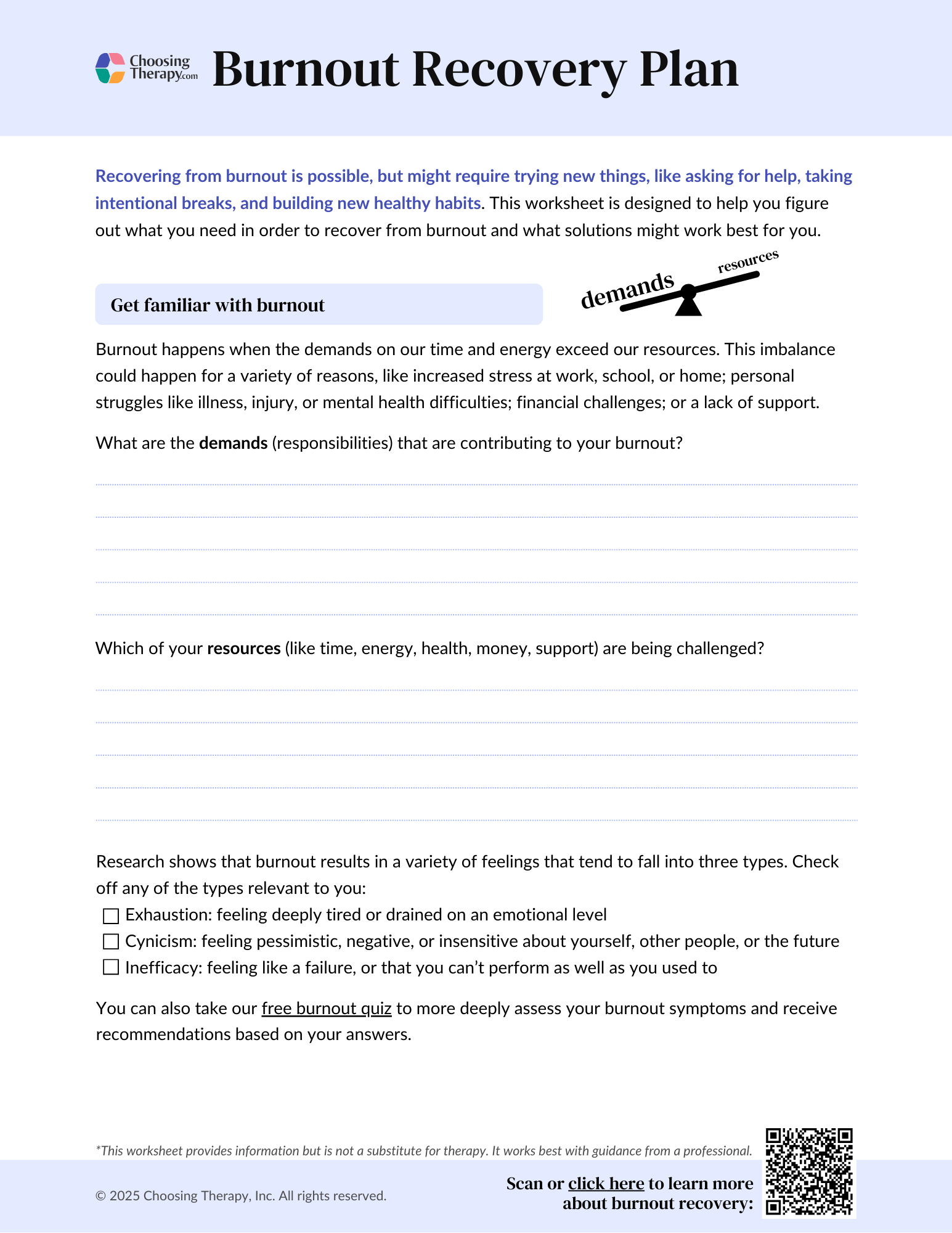 Free Burnout Worksheets (Printable PDFs) | ChoosingTherapy.com
