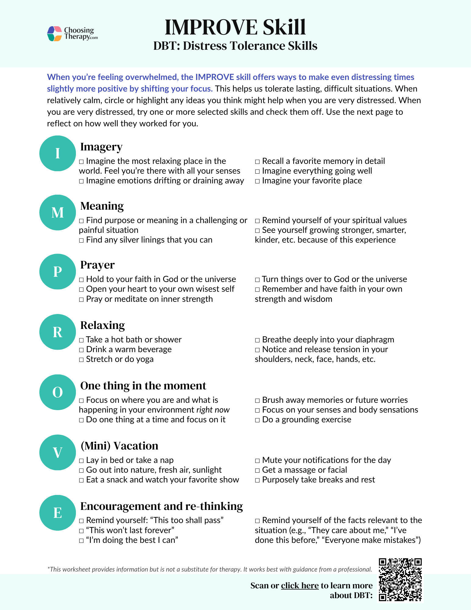 Free DBT IMPROVE Skill Worksheet (Printable PDF) | ChoosingTherapy.com