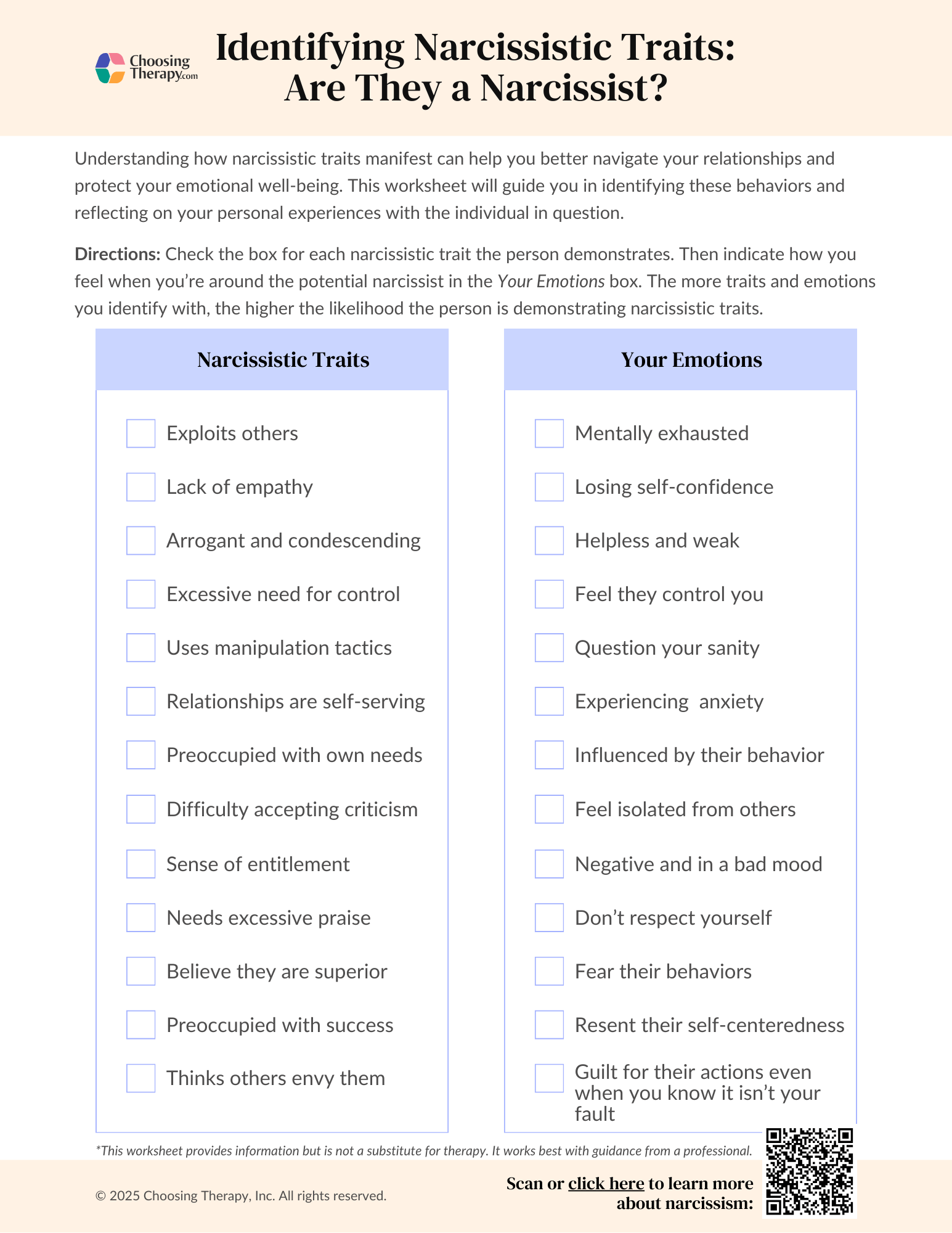 Free Identifying Narcissistic Traits Worksheet (Printable PDF ...