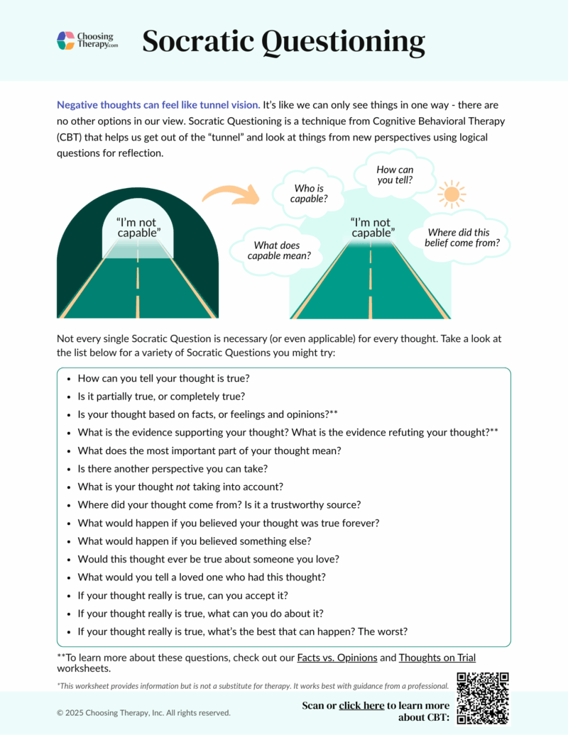 Free Socratic Questioning Worksheet (Printable PDF) | ChoosingTherapy.com