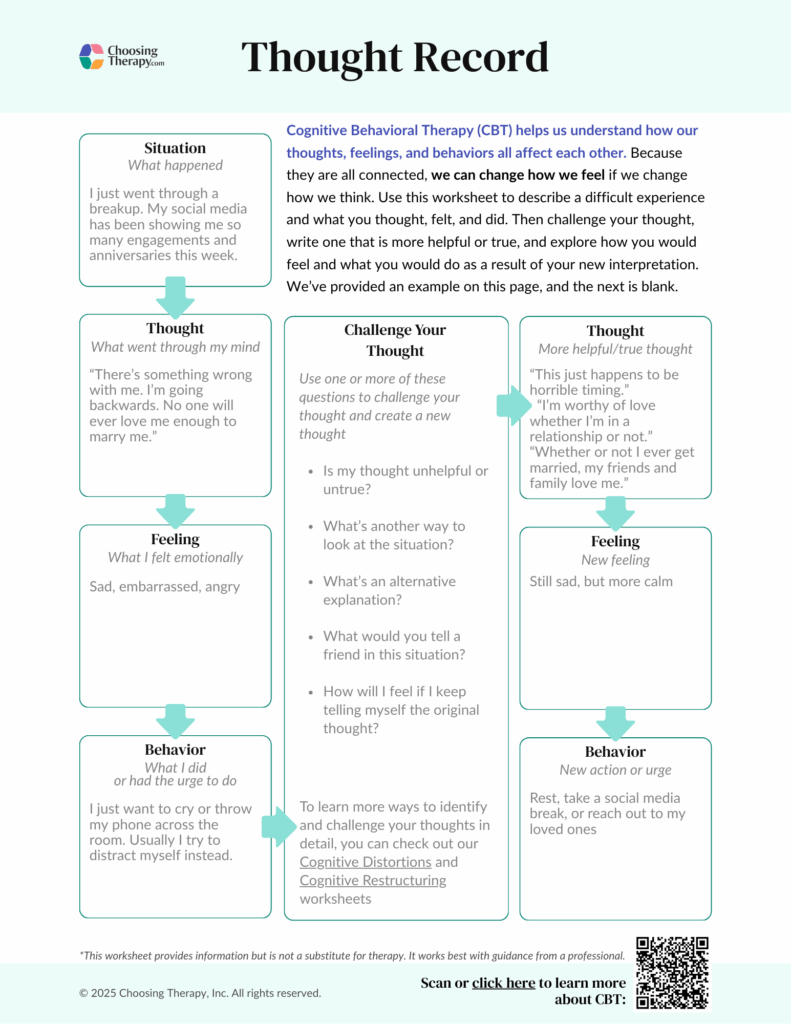 Free CBT Thought Record Worksheet (Printable PDF) | ChoosingTherapy.com