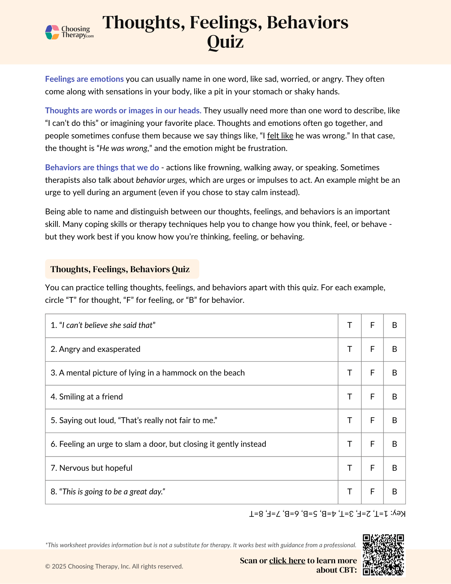 Free Thoughts, Feelings, Behaviors Quiz Worksheet | ChoosingTherapy.com