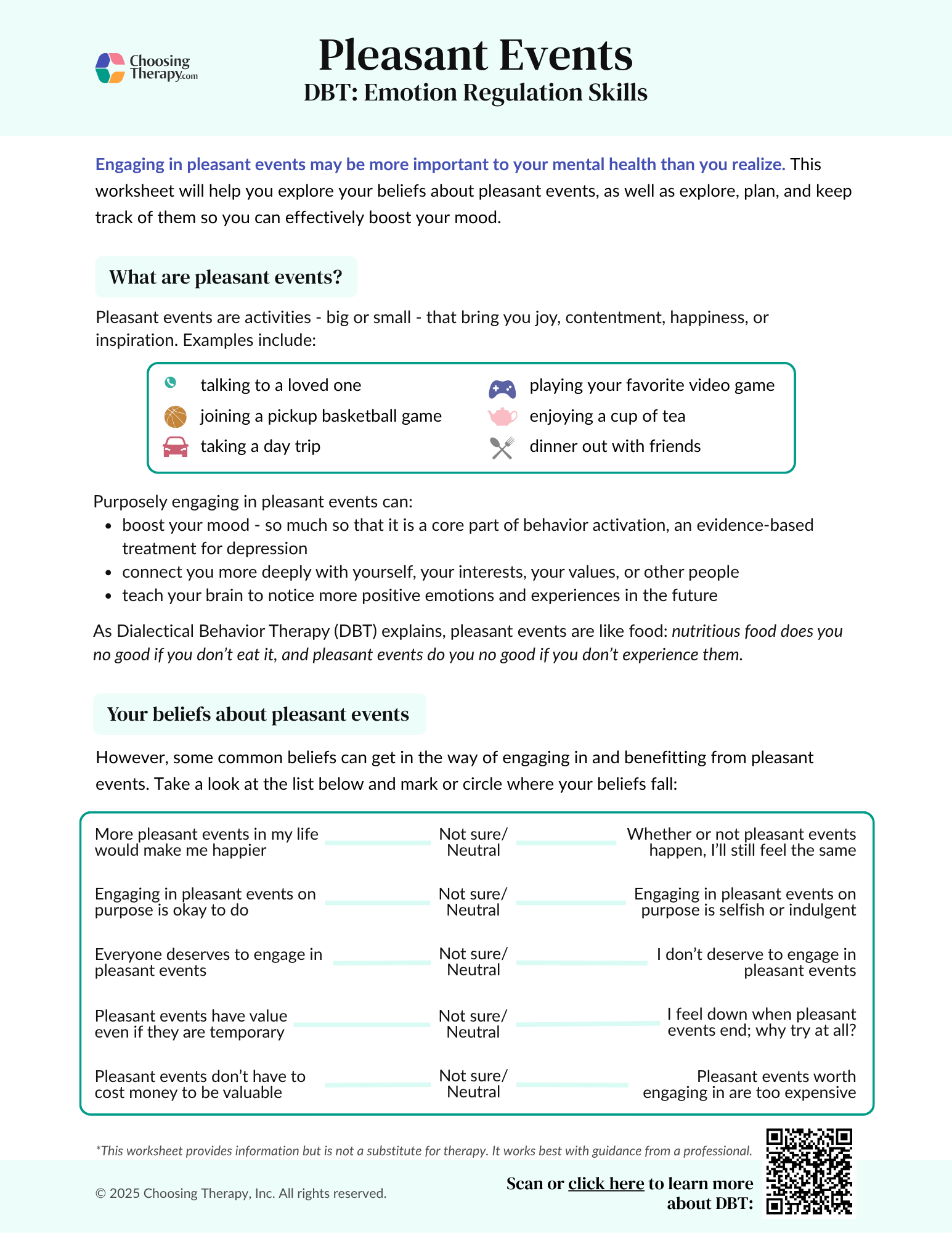 DBT Pleasant Events Worksheet (Free Printable PDF) | ChoosingTherapy.com