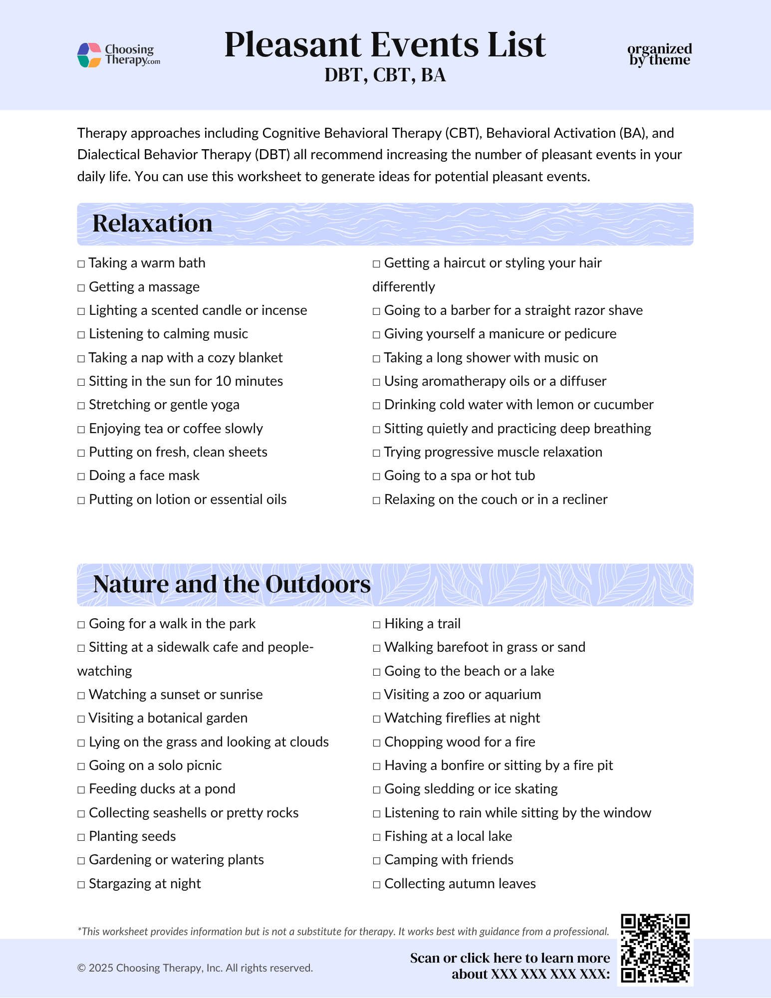 Pleasant Events List (Free Printable PDF) | ChoosingTherapy.com