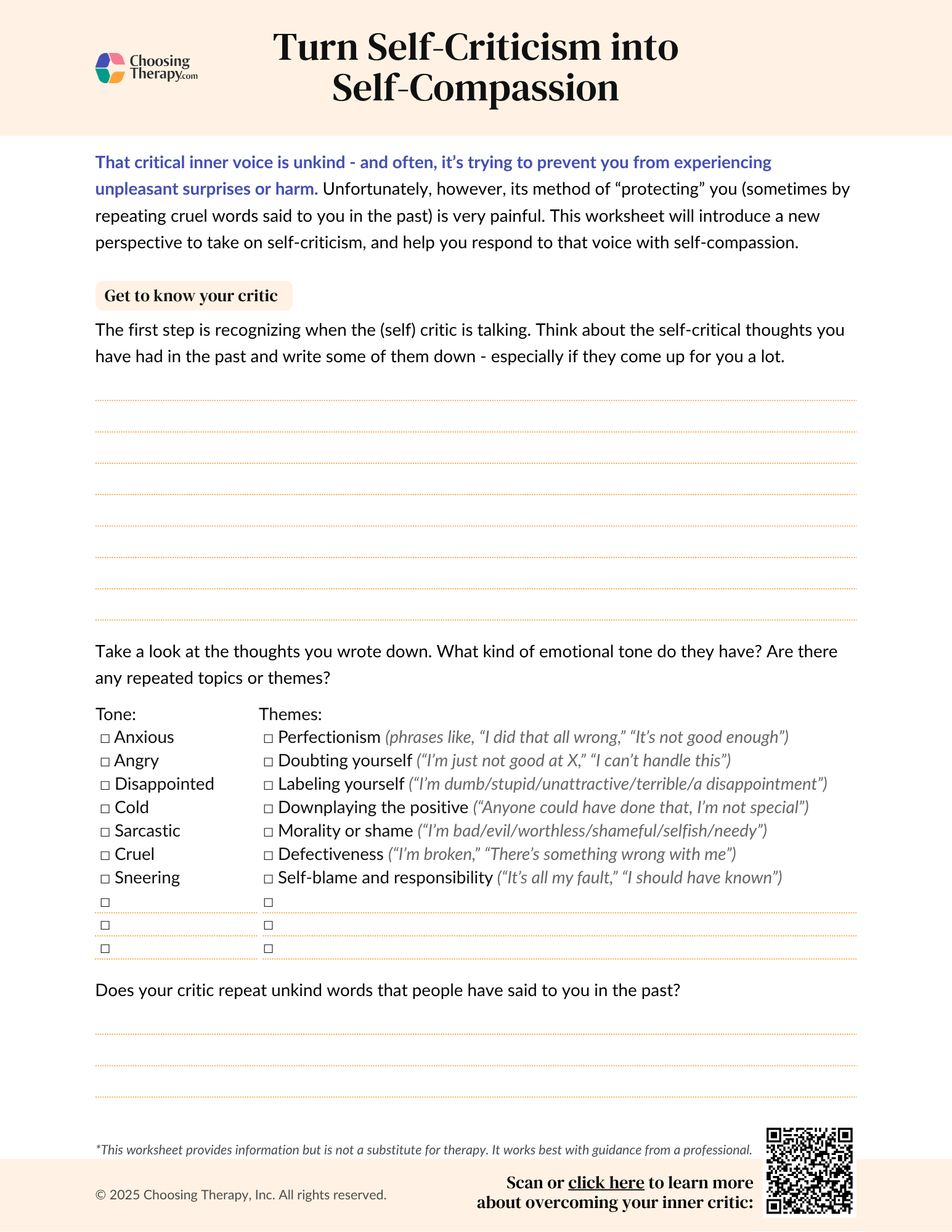 Turn Self Criticism Into Self Compassion Worksheet (Free Printable PDF ...