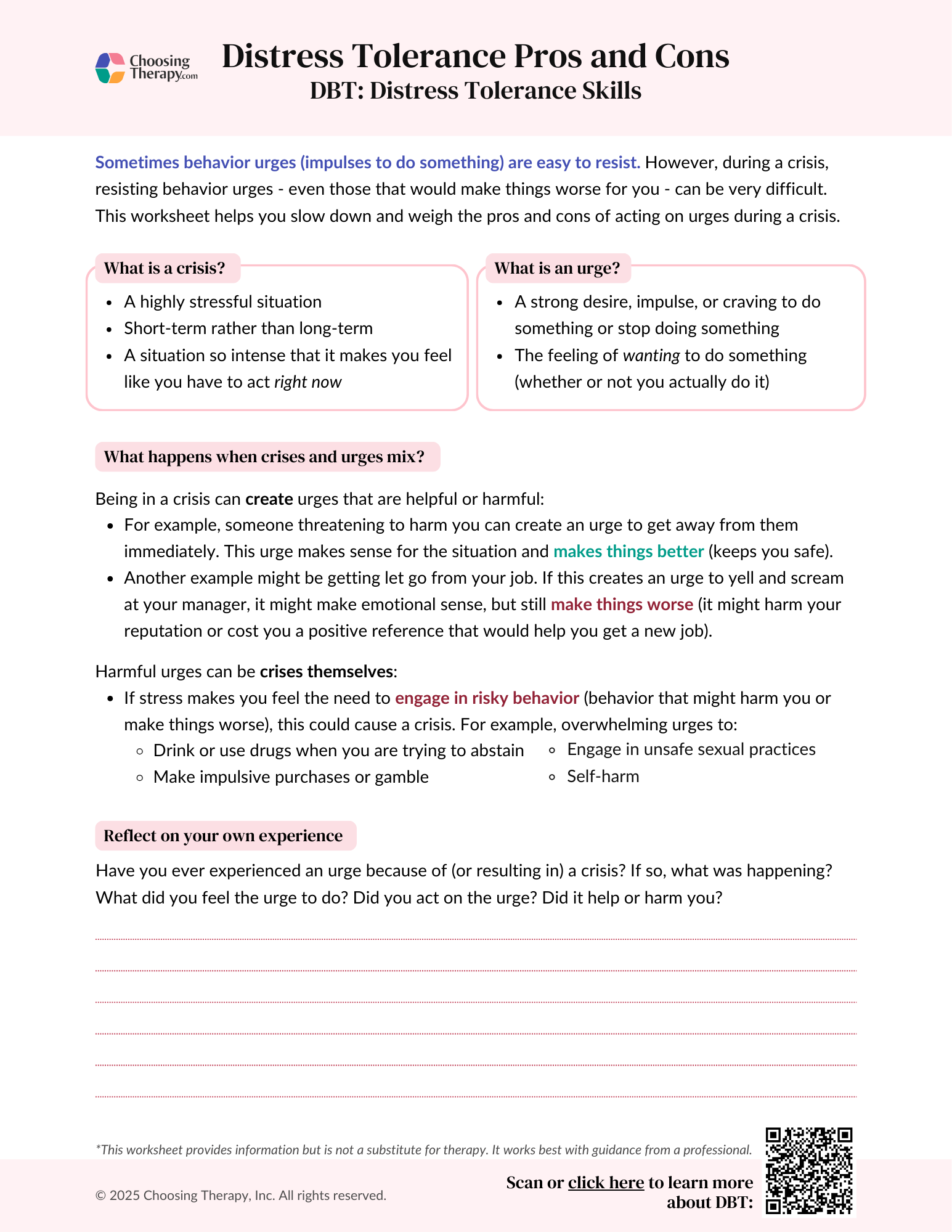 DBT Pros and Cons Skill Worksheet | ChoosingTherapy.com