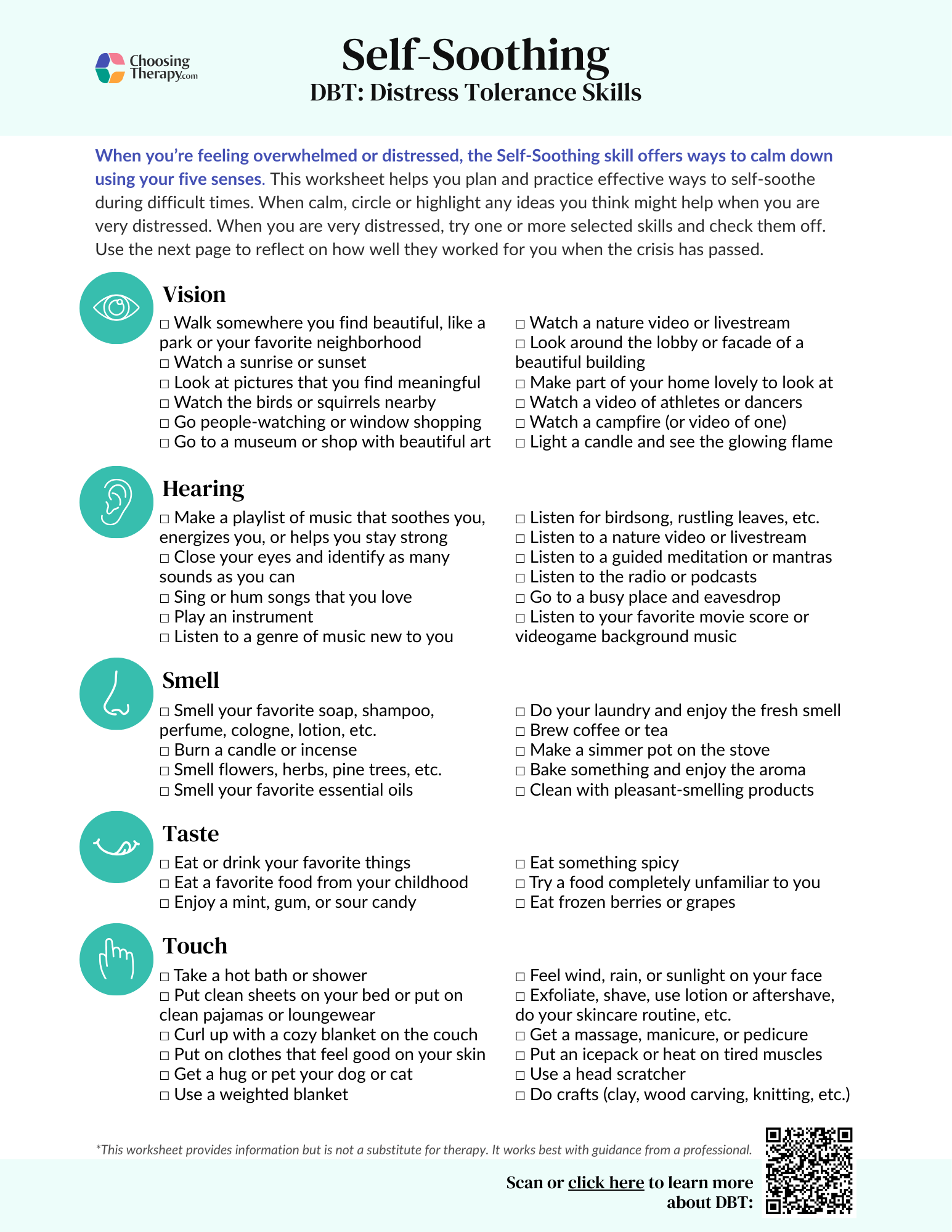 DBT Self Soothing Worksheet (Free PDF Download) | ChoosingTherapy.com